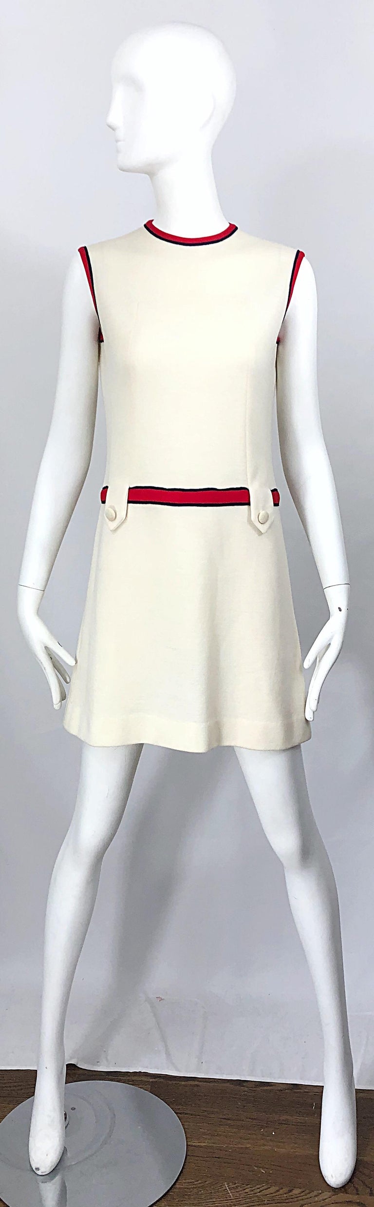 Chic 1960s Ivory + Navy Blue + Red Knit Vintage 60s Nautical Mod Shift ...
