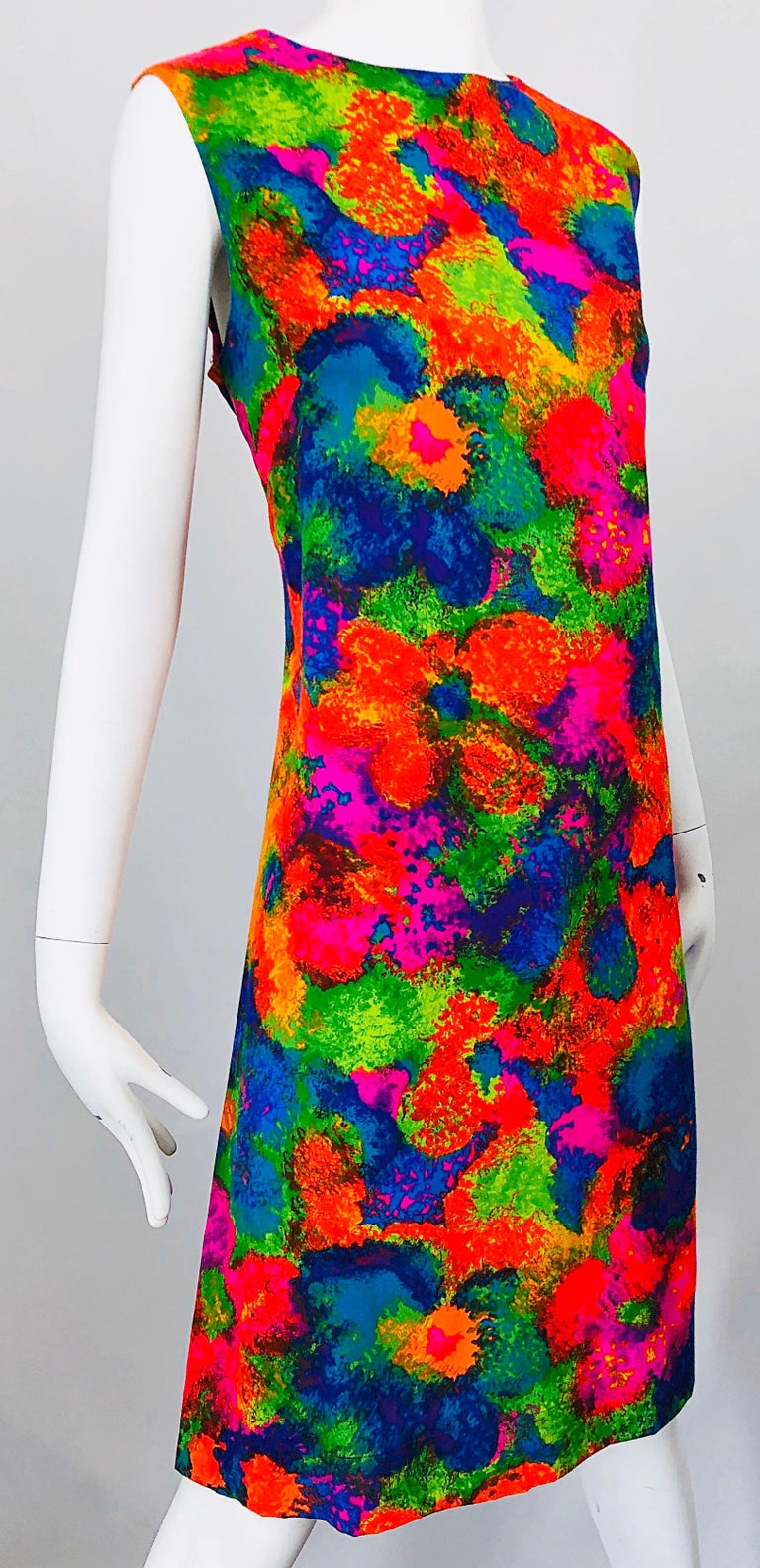 Chic 1960s Larger Size Neon Abstract Flower Print Vintage 60s Cotton ...