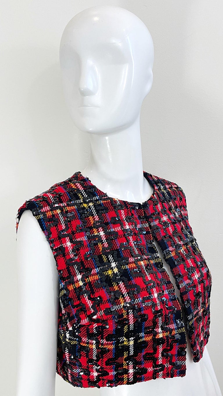 Chic 1960s Lee Jordan Red Tartan Plaid Sequin Vintage 60s Cropped Wool ...