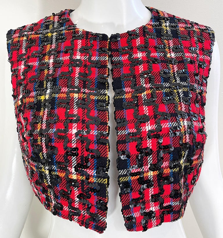 Chic 1960s Lee Jordan Red Tartan Plaid Sequin Vintage 60s Cropped Wool ...