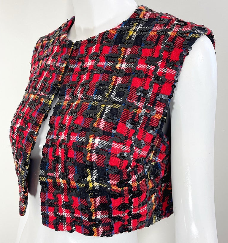 Chic 1960s Lee Jordan Red Tartan Plaid Sequin Vintage 60s Cropped Wool ...