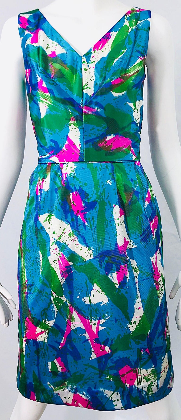 Chic 1960s Neon Abstract Print Two Piece Vintage 60s Sheath Dress + Top ...
