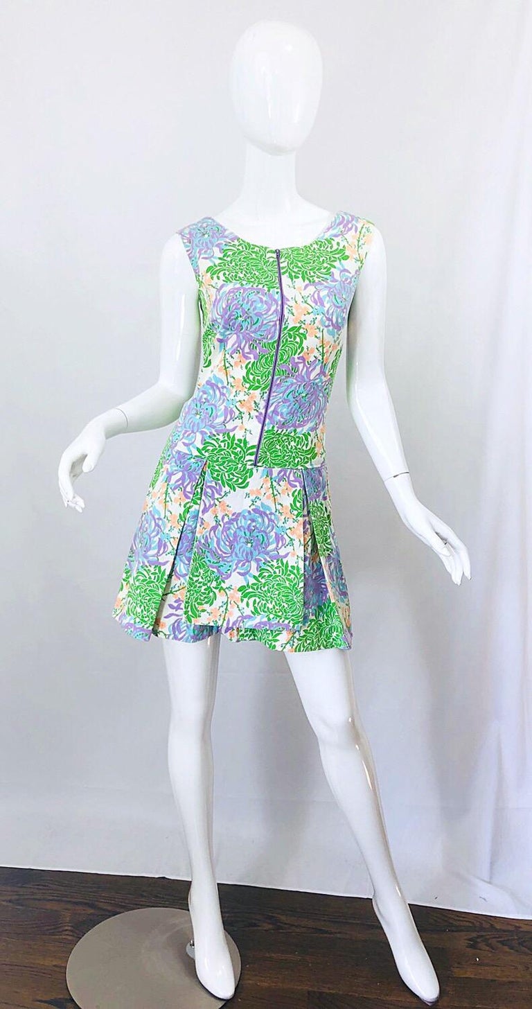 Chic 1960s Pastel Purple + Pink + Green + Blue Cotton One Piece Vintage ...