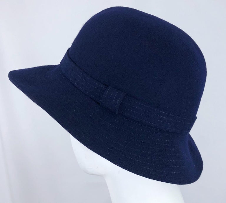 Chic 1970s Halston Navy Blue Wool Gold Buckle Vintage 70s Hat at ...