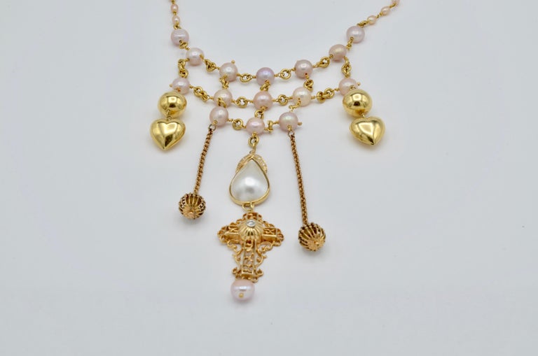 Gold Pearl Necklace Pearls Mabe Diamond Cross For Sale at 1stDibs