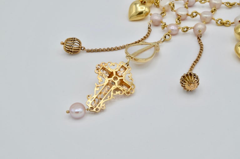 Gold Pearl Necklace Pearls Mabe Diamond Cross For Sale at 1stDibs