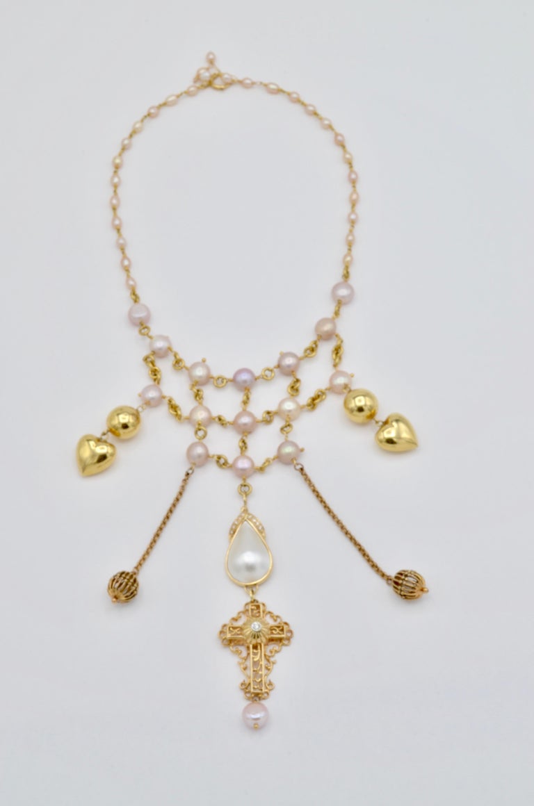 Gold Pearl Necklace Pearls Mabe Diamond Cross For Sale at 1stDibs