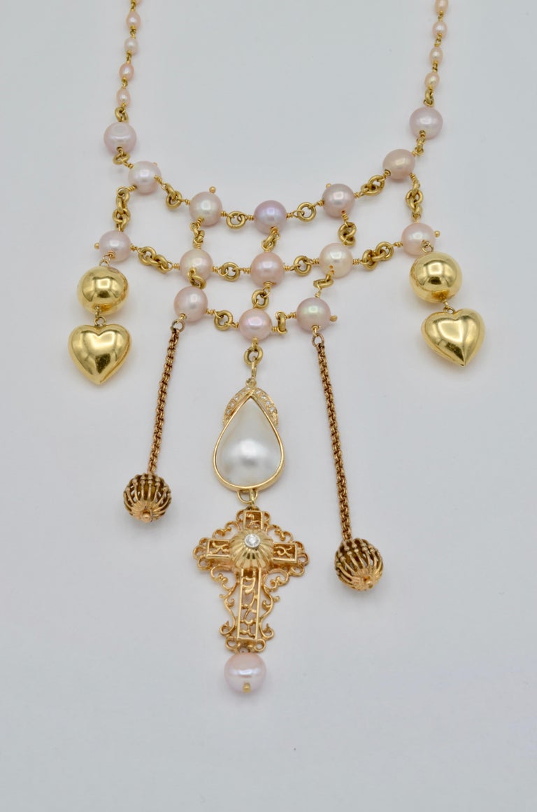Gold Pearl Necklace Pearls Mabe Diamond Cross For Sale at 1stDibs