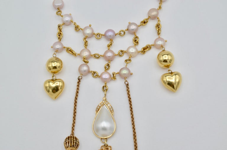 Gold Pearl Necklace Pearls Mabe Diamond Cross For Sale at 1stDibs