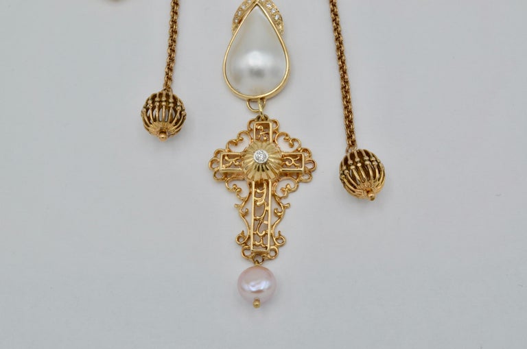 Gold Pearl Necklace Pearls Mabe Diamond Cross For Sale at 1stDibs