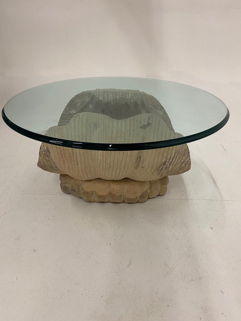 Chic Italian Carved Wood Shell Base Coffee Table with Round Glass Top ...