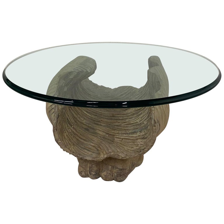 Chic Italian Carved Wood Shell Base Coffee Table with Round Glass Top ...