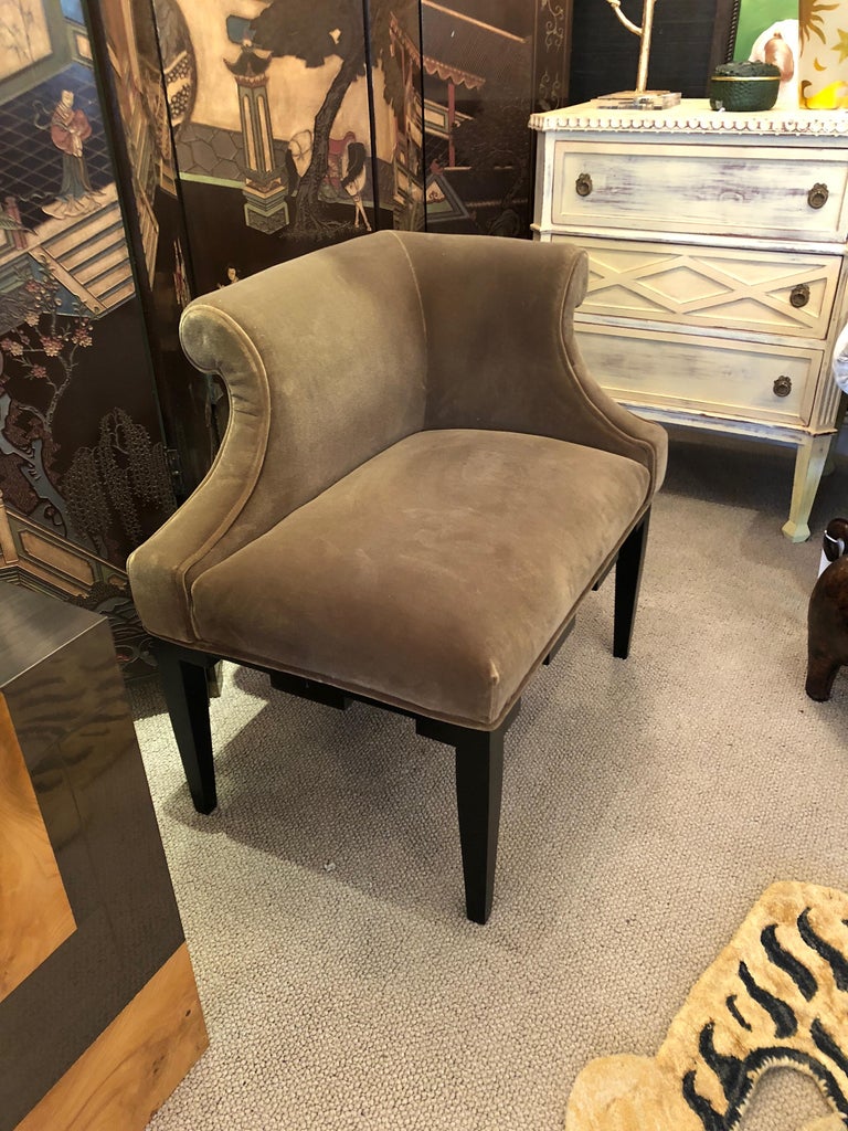 Chic Pair of Baker Corner Chairs Upholstered in Mushroom Velvet at 1stDibs