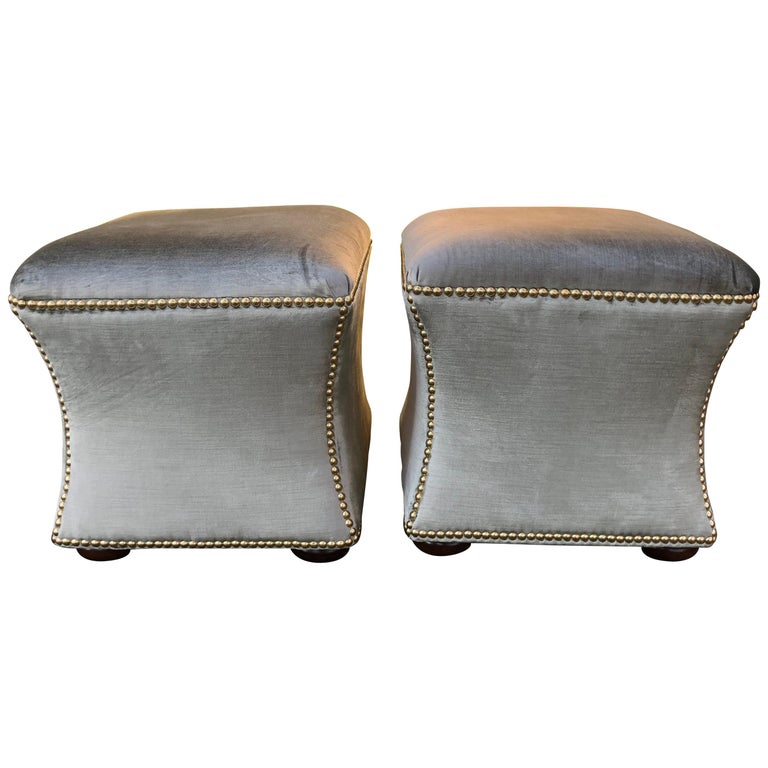 Chic Pair Of Elegant Hourglass Shaped Silk Velvet Ottoman Stools At