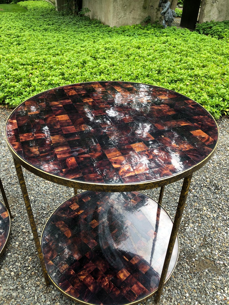 Chic Pair of Faux Tortoise Shell Two-Tier Side Tables at 1stDibs