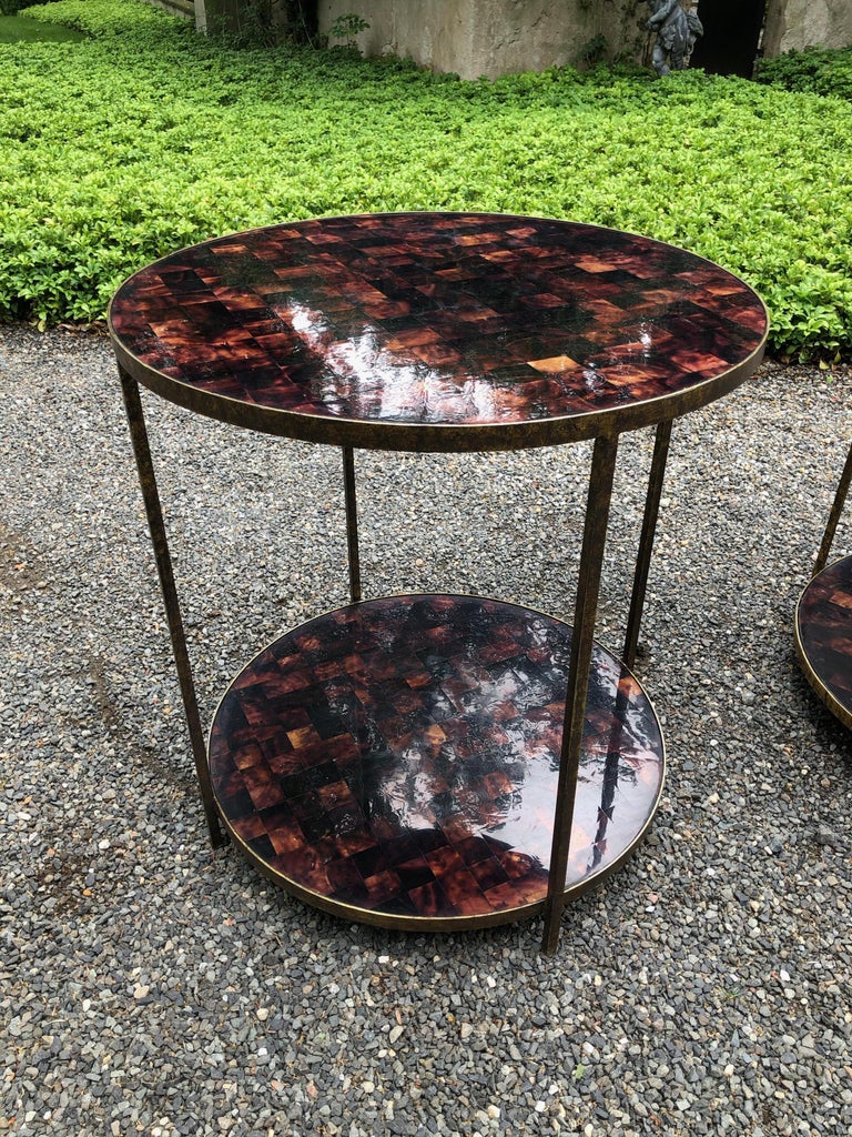 Chic Pair of Faux Tortoise Shell Two-Tier Side Tables at 1stDibs