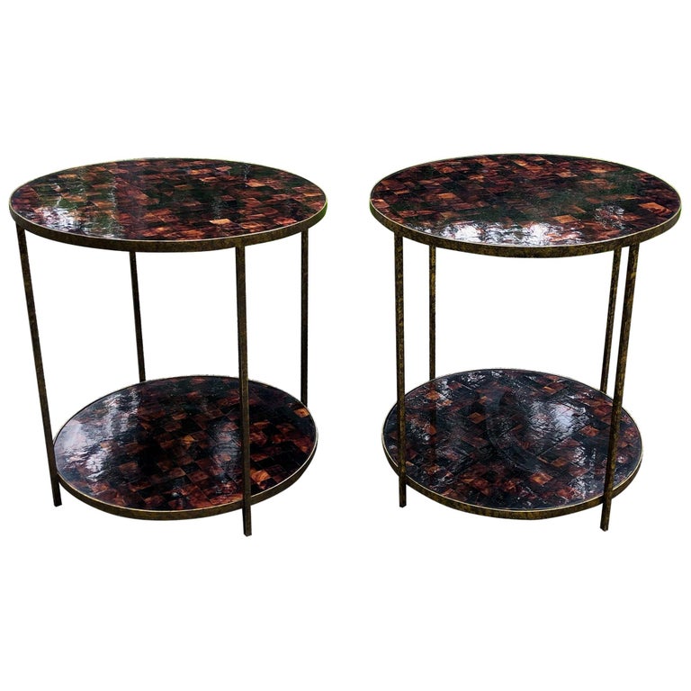 Chic Pair of Faux Tortoise Shell Two-Tier Side Tables at 1stDibs
