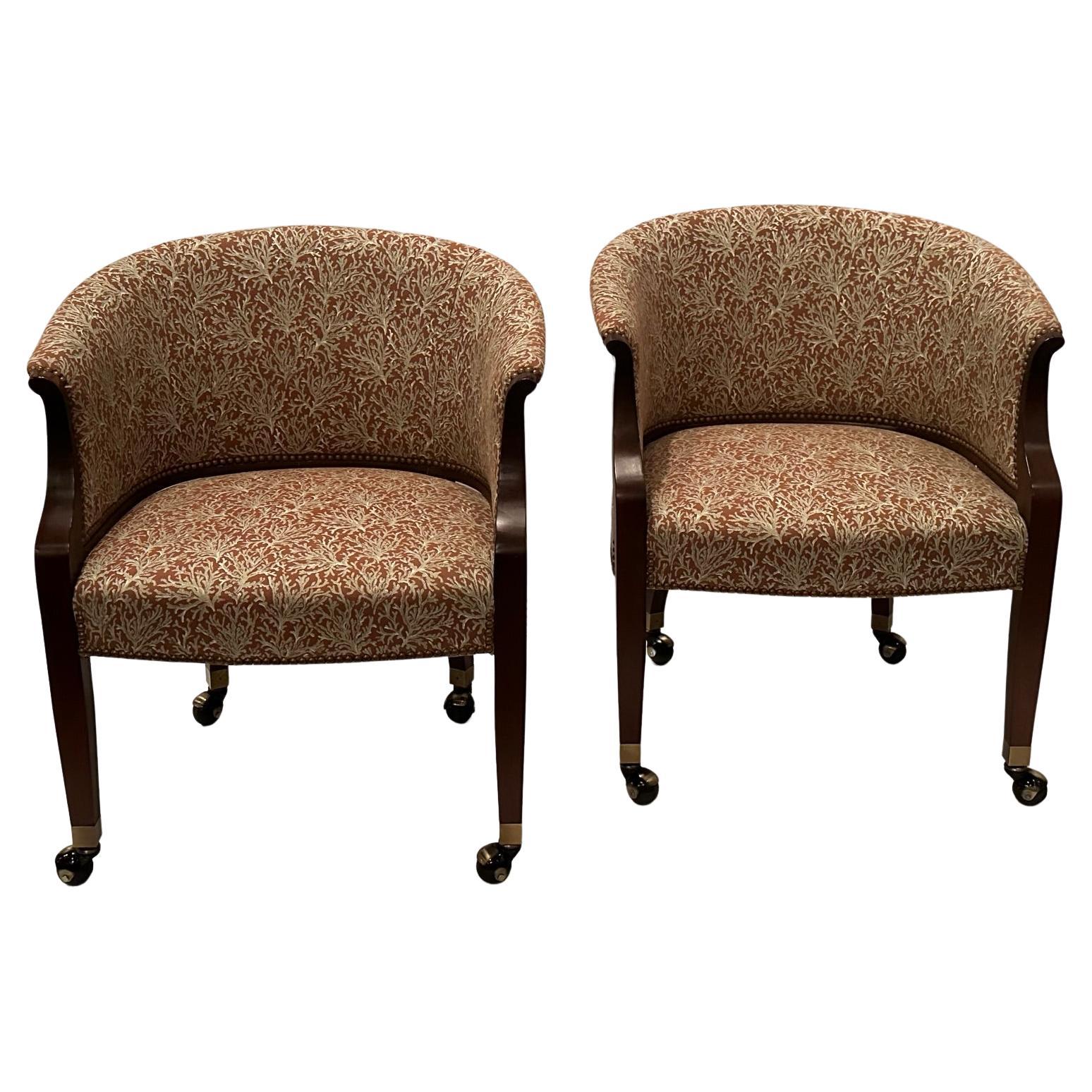 Chic Pair of Mahogany and Coral Motif Upholstered Club Chairs For Sale ...