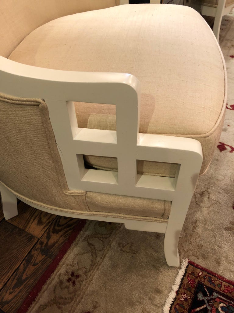 Chic Pair of White Painted Barrel Back Club Chairs Upholstered in Linen ...