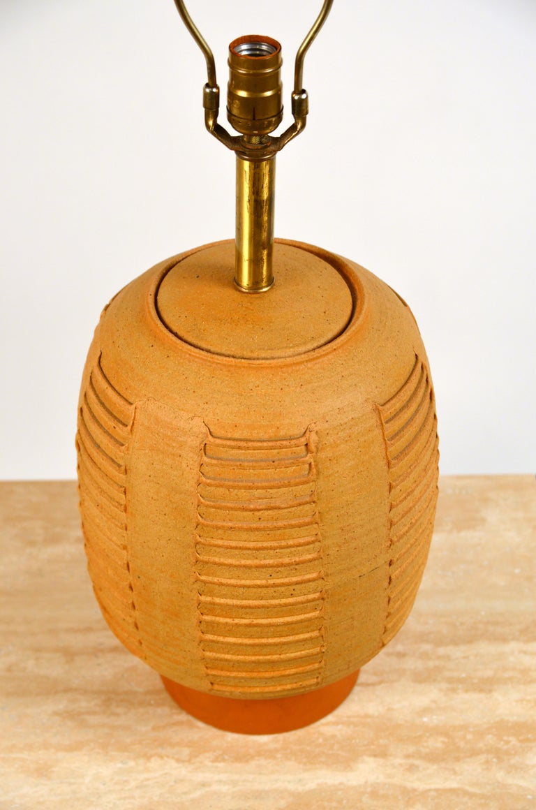 Chic Textured Stoneware Lamp with Custom Silk Shade by Bob Kinzie at ...