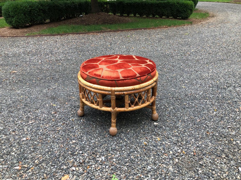 Chic Vintage Round Bamboo Ottoman Upholstered in Faux Giraffe at 1stDibs