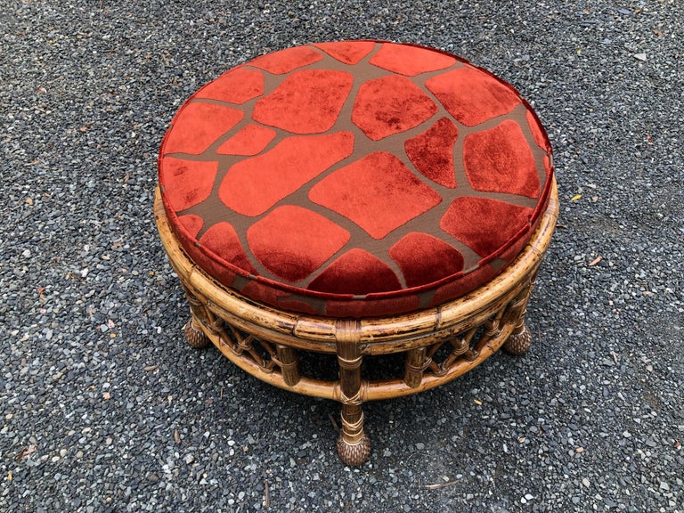 Chic Vintage Round Bamboo Ottoman Upholstered in Faux Giraffe at ...