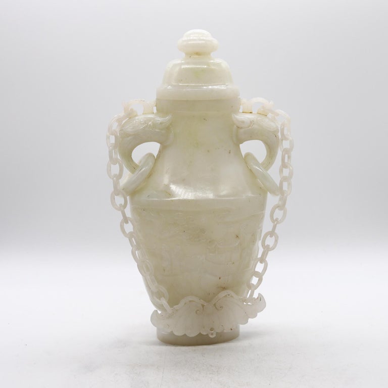 China Qing Dynasty 1890 Amphora Jar with Chains in White Jadeite Jade ...