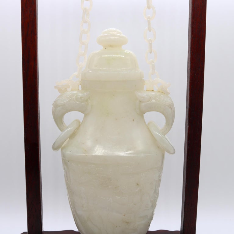 China Qing Dynasty 1890 Amphora Jar with Chains in White Jadeite Jade ...