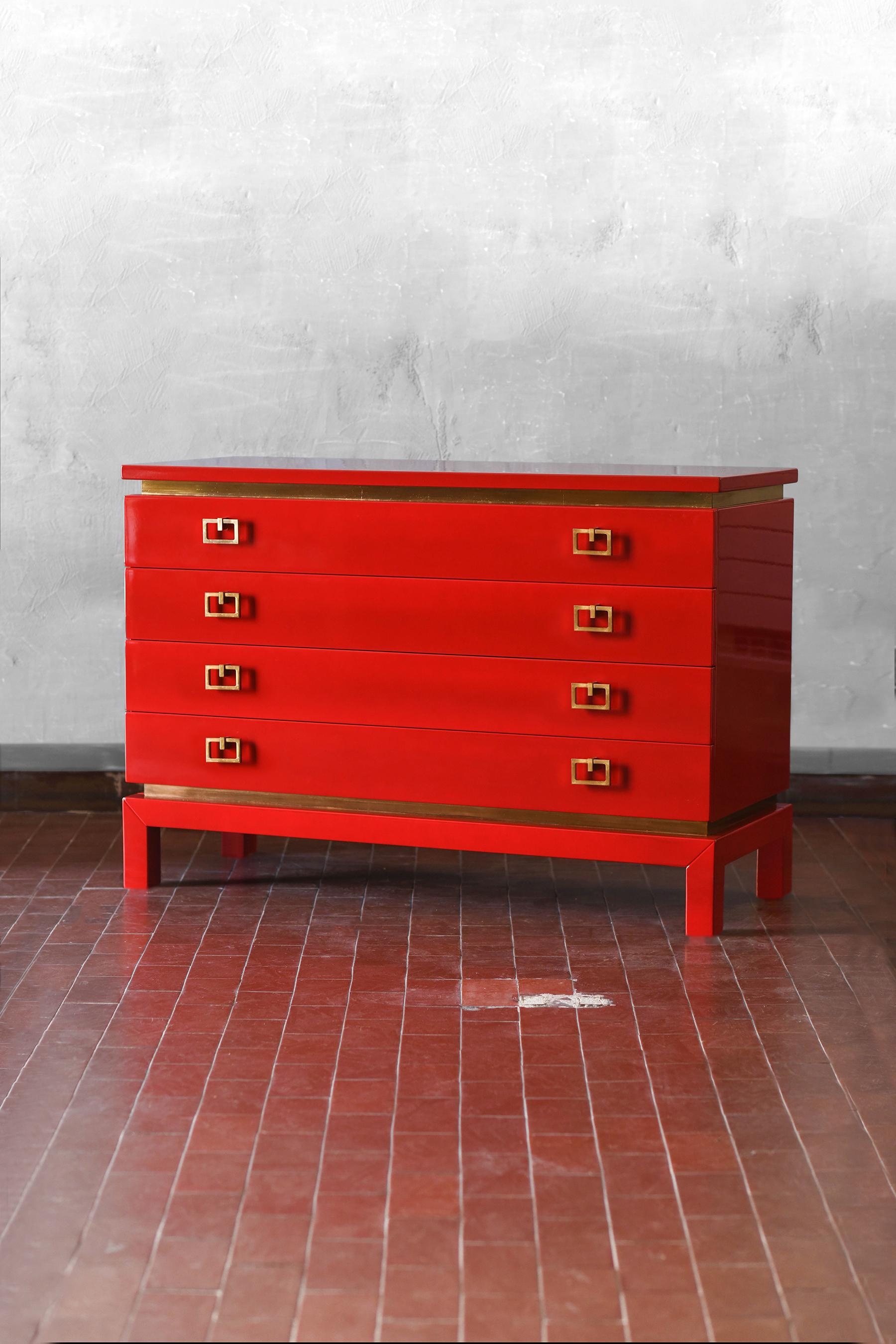China Red Chest Of Drawers With Brass Details From The 1970s ...