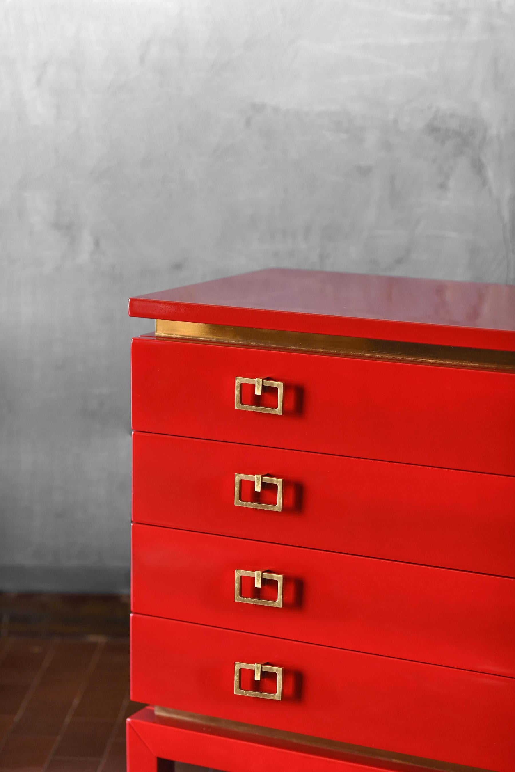 China Red Chest Of Drawers With Brass Details From The 1970s ...