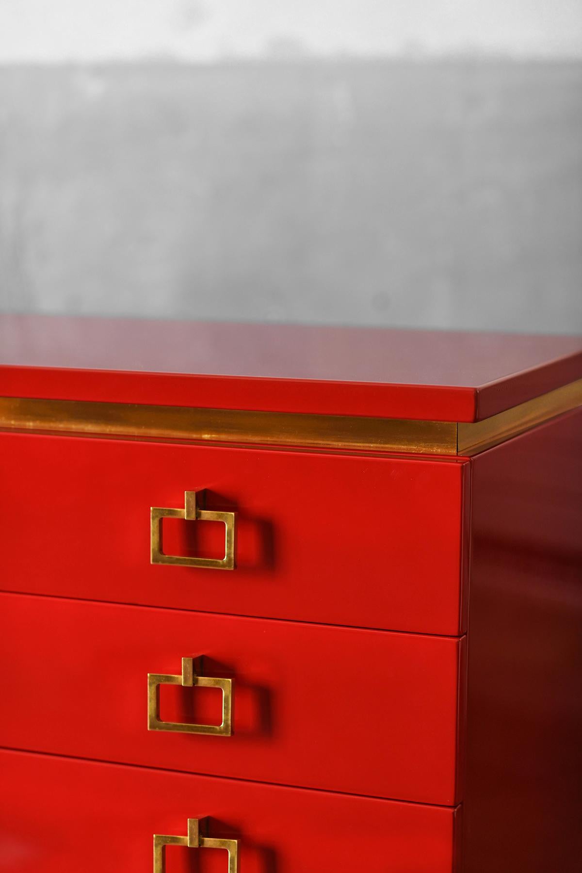 China Red Chest Of Drawers With Brass Details From The 1970s ...