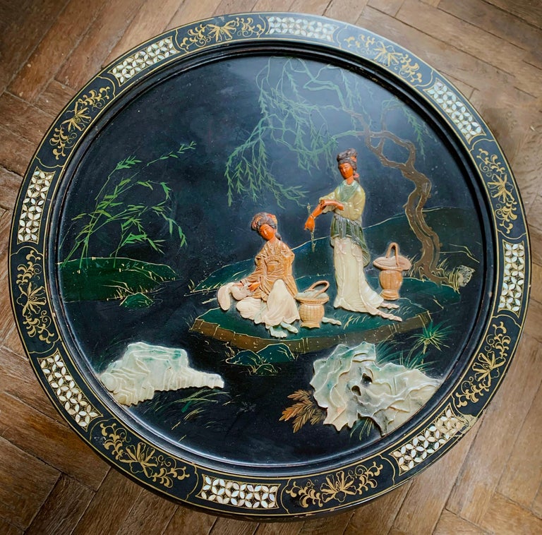 Chineese Black Lacquer Coffee Table Encrusted with Hard Stone For Sale ...
