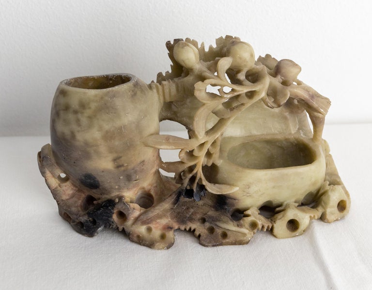 Chines saponary ston Vase and Inkwell with Floral Sculptures, late 19 ...