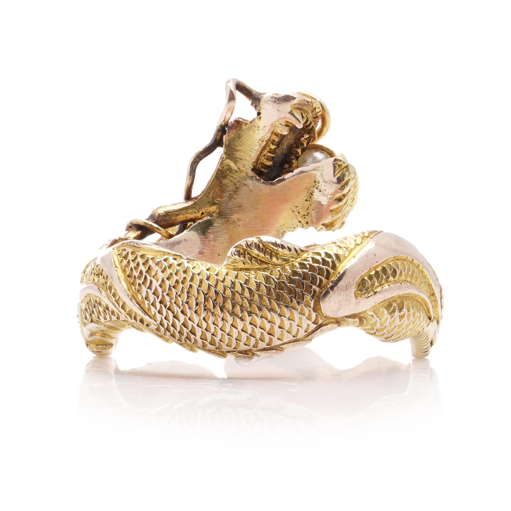 Chinese 14kt. gold large men's dragon ring set with diamond and pearl ...
