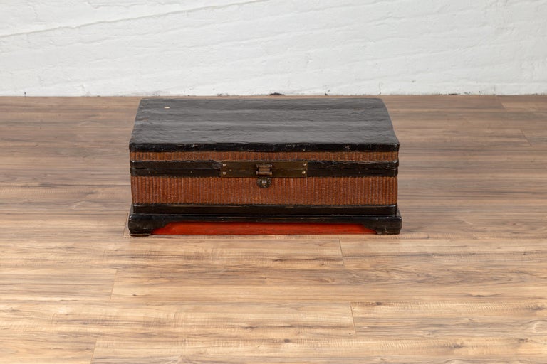 Chinese 1900s Wooden Treasure Chest with Rattan Accents and Dark Brass ...