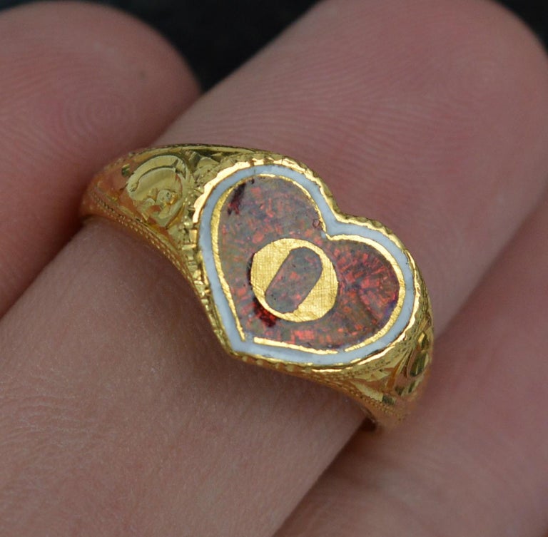 Chinese 22 Carat Gold Red Enamel Heart Shaped Signet Ring with O ...