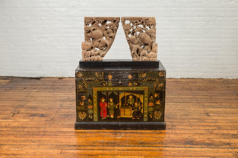Chinese Antique Black Lacquered Dowry Chest with Polychrome Ceremonial ...