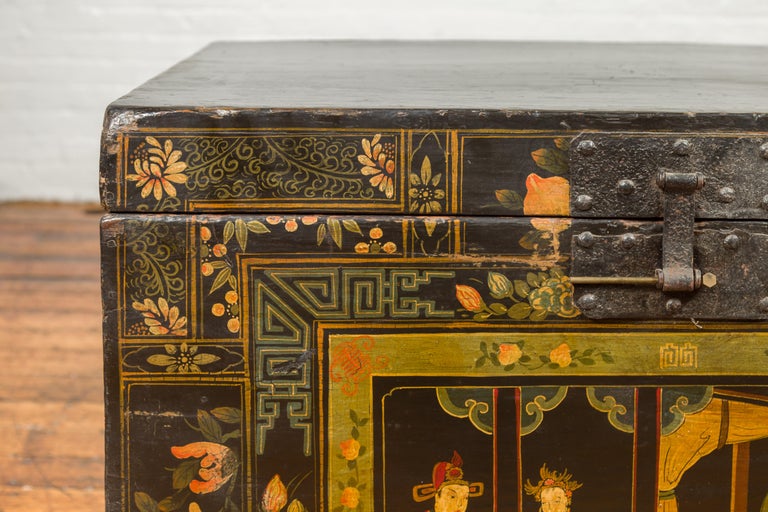 Chinese Antique Black Lacquered Dowry Chest with Polychrome Ceremonial ...