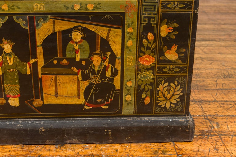 Chinese Antique Black Lacquered Dowry Chest with Polychrome Ceremonial ...