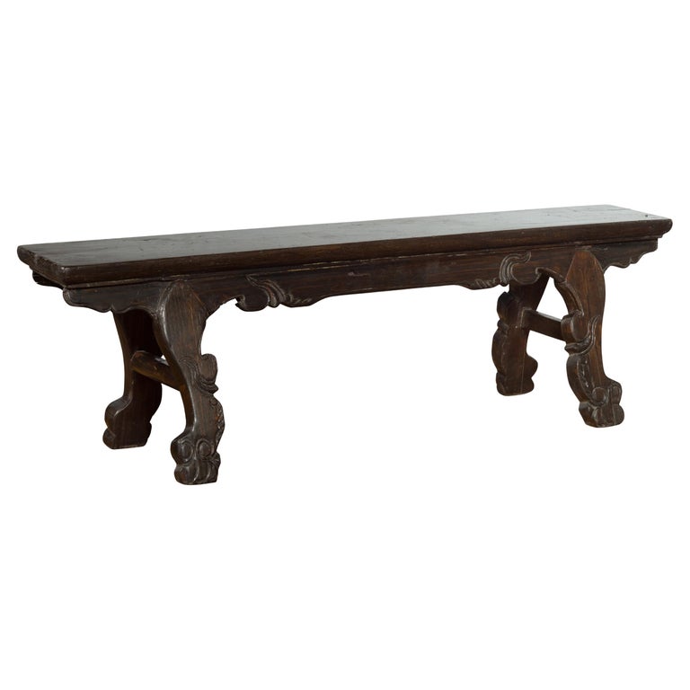 Chinese Antique Dark Brown Lacquered Low Display Table with Carved Legs ...