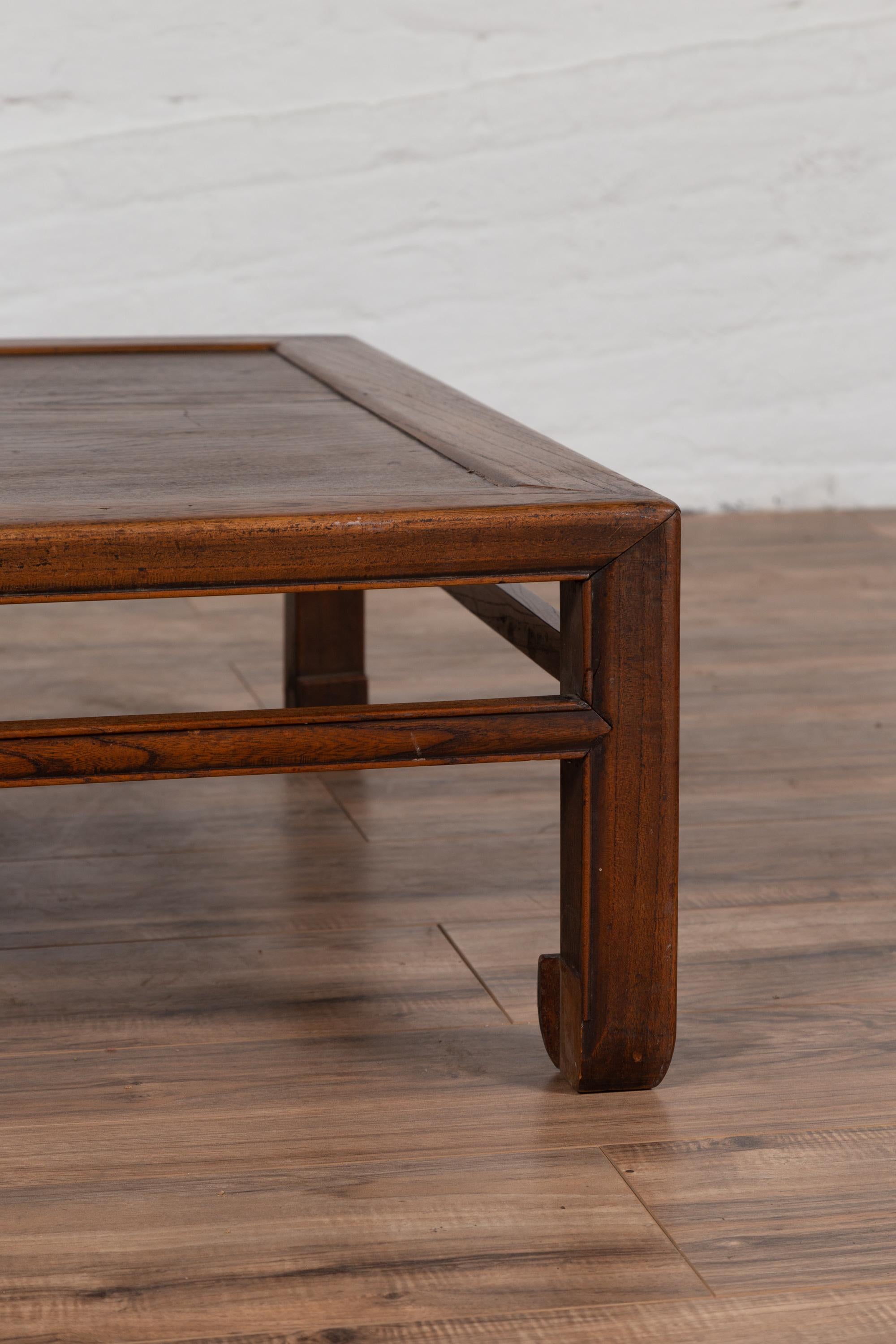 Chinese Antique Elm Low Coffee Table with Side Horse Hoof Feet and ...