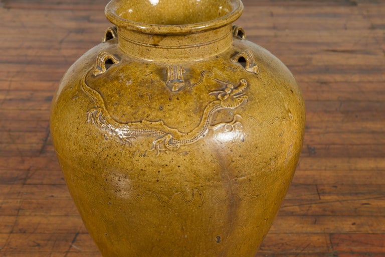 Chinese Antique Martaban Water Jar with Dragon Motifs and Ocher Glaze ...