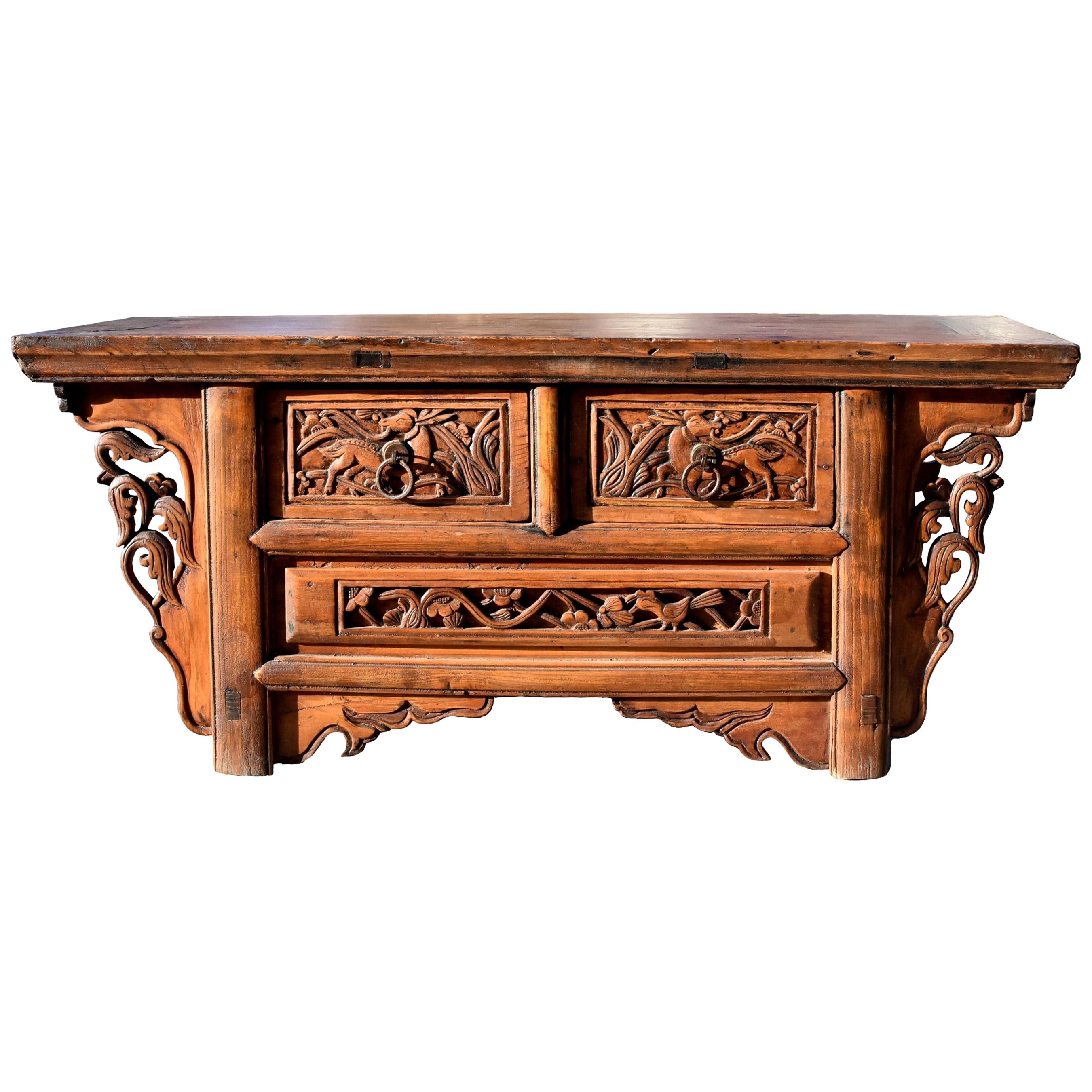 Chinese Antique Meditation Table, Low Kang Table with Carved Deer at ...