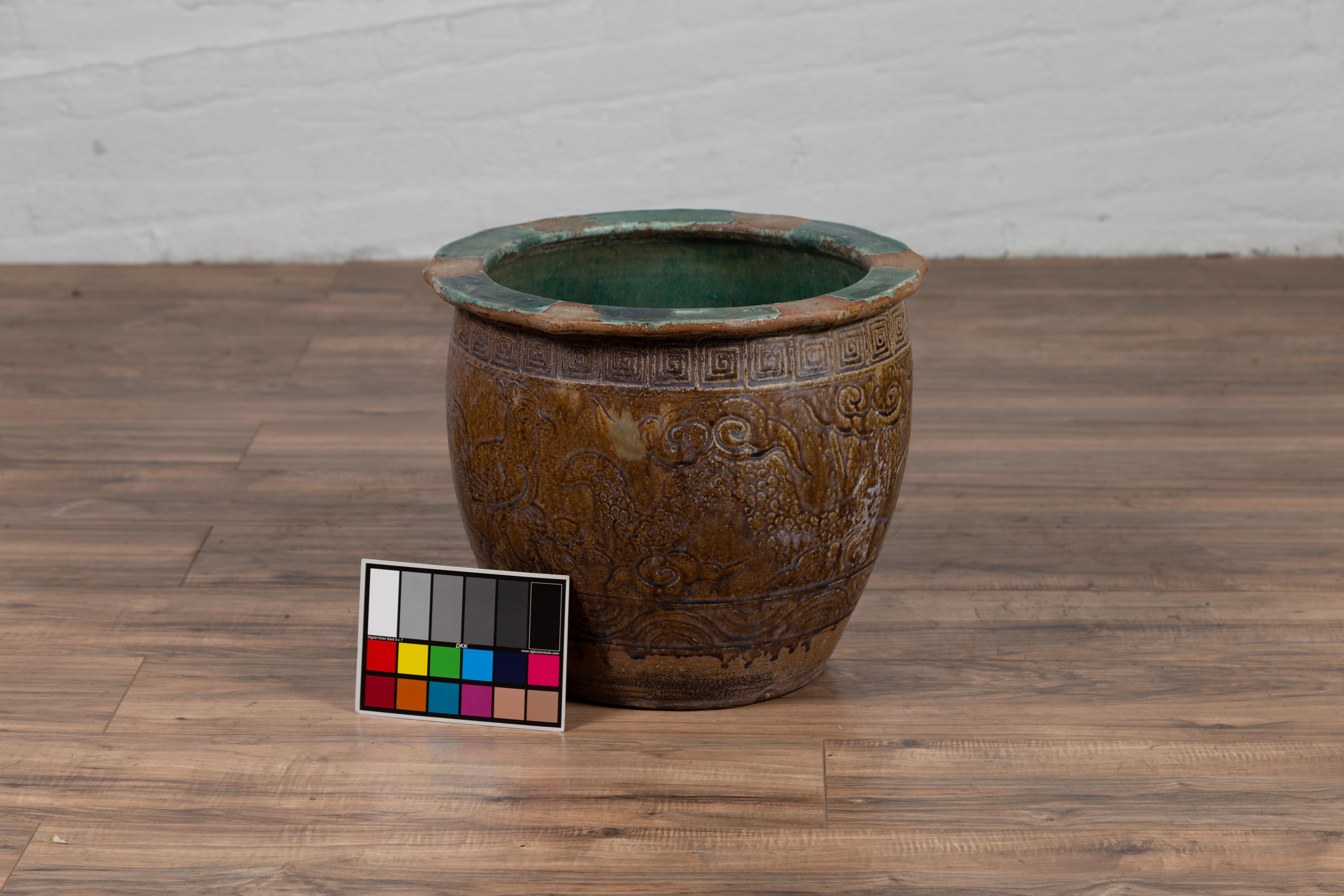 Chinese Antique Planter with Weathered Patina, Greek Key, Animals and ...