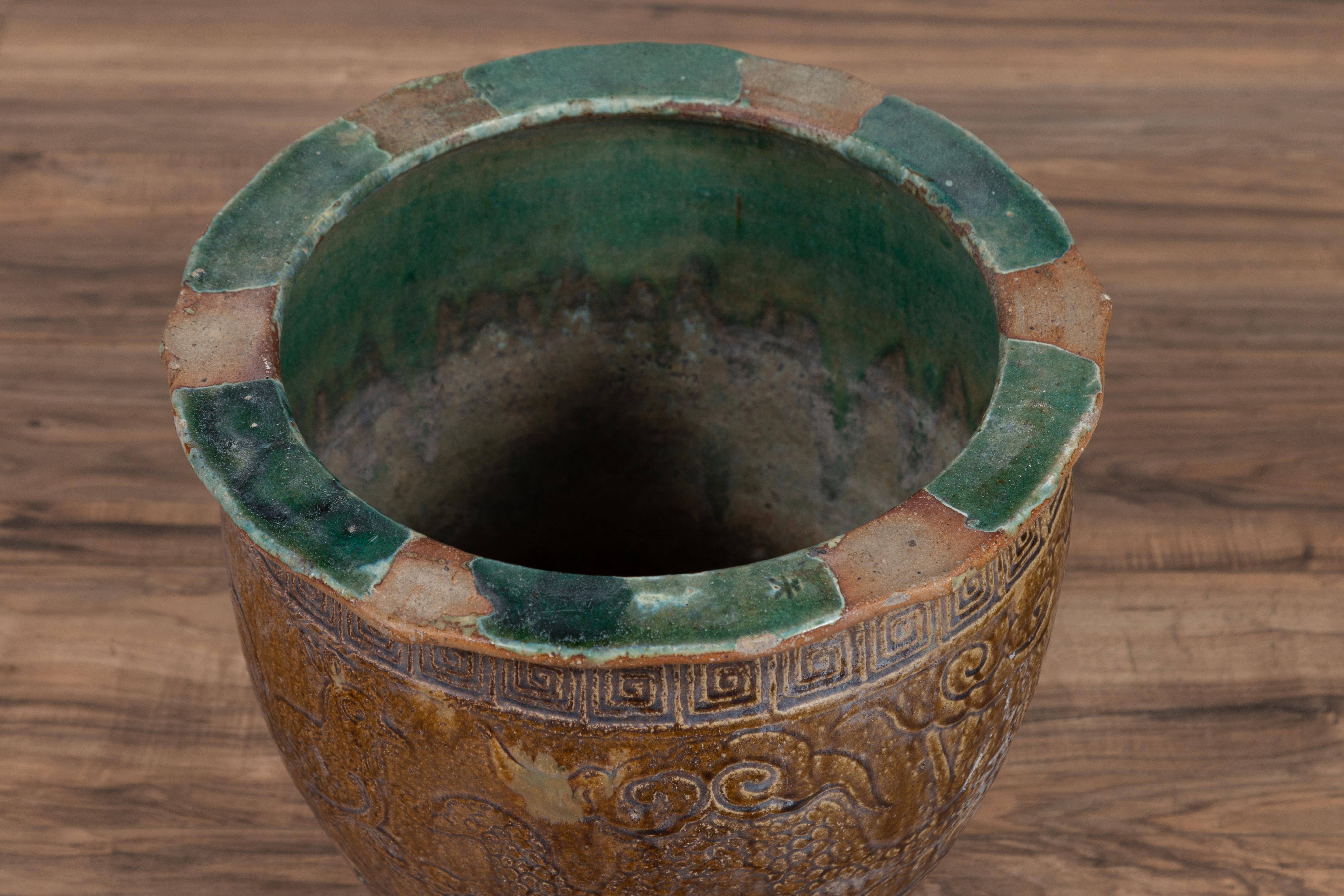 Chinese Antique Planter with Weathered Patina, Greek Key, Animals and ...