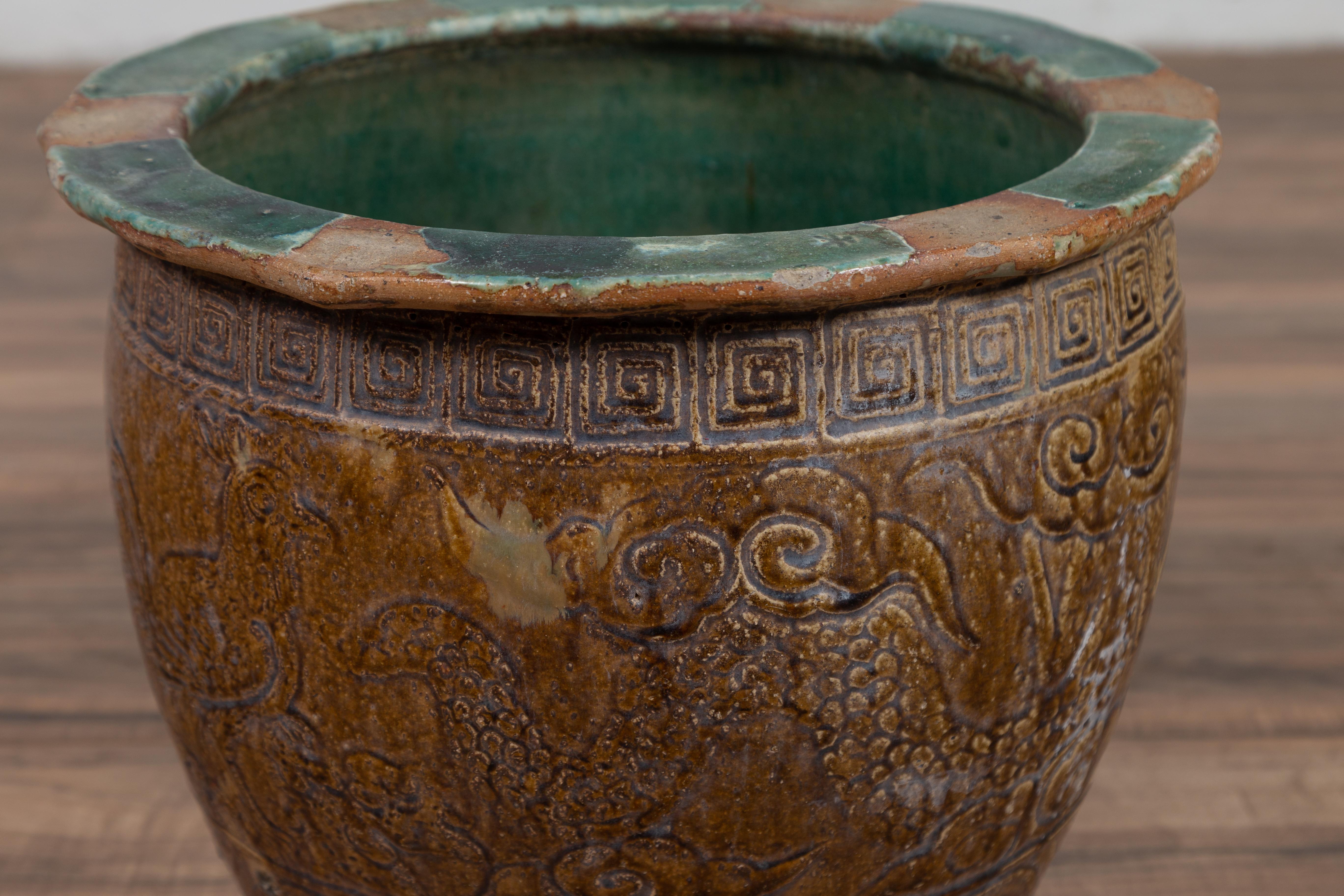 Chinese Antique Planter with Weathered Patina, Greek Key, Animals and ...