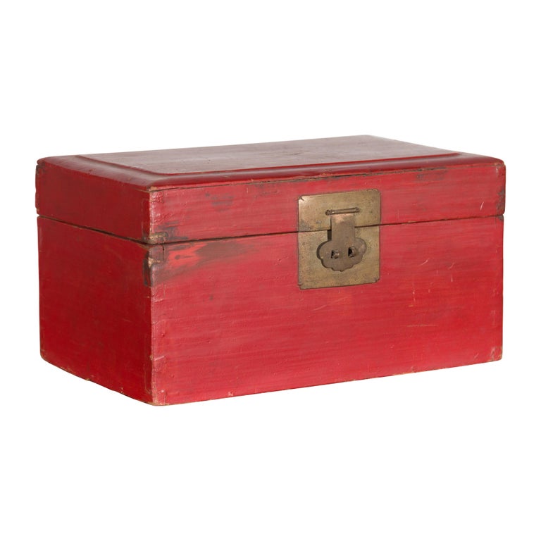 Chinese Antique Red Lacquered Document Box with Brass Hardware at 1stDibs