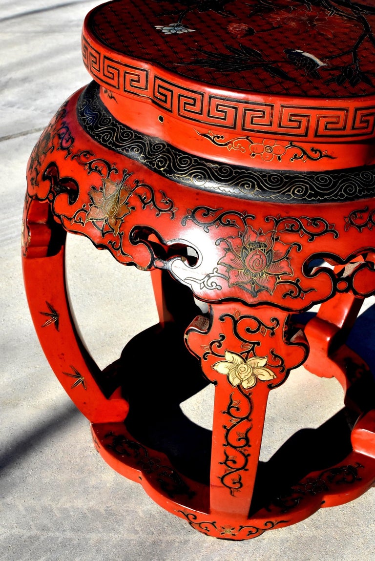 Chinese Antique Red Lacquered Stool at 1stDibs