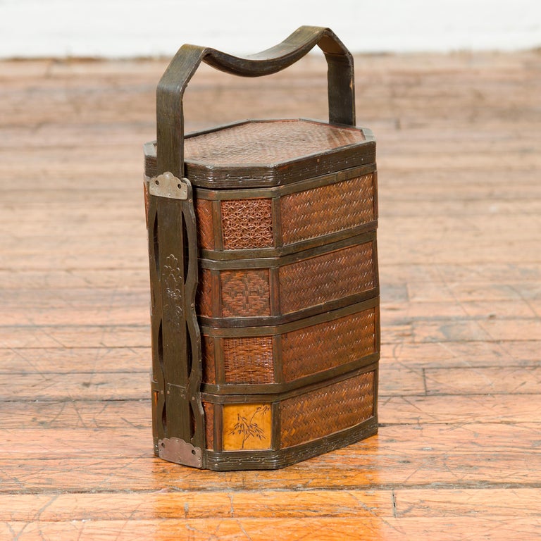 Chinese Antique Stacking Lunch Box with Lacquered Accents and Handle ...