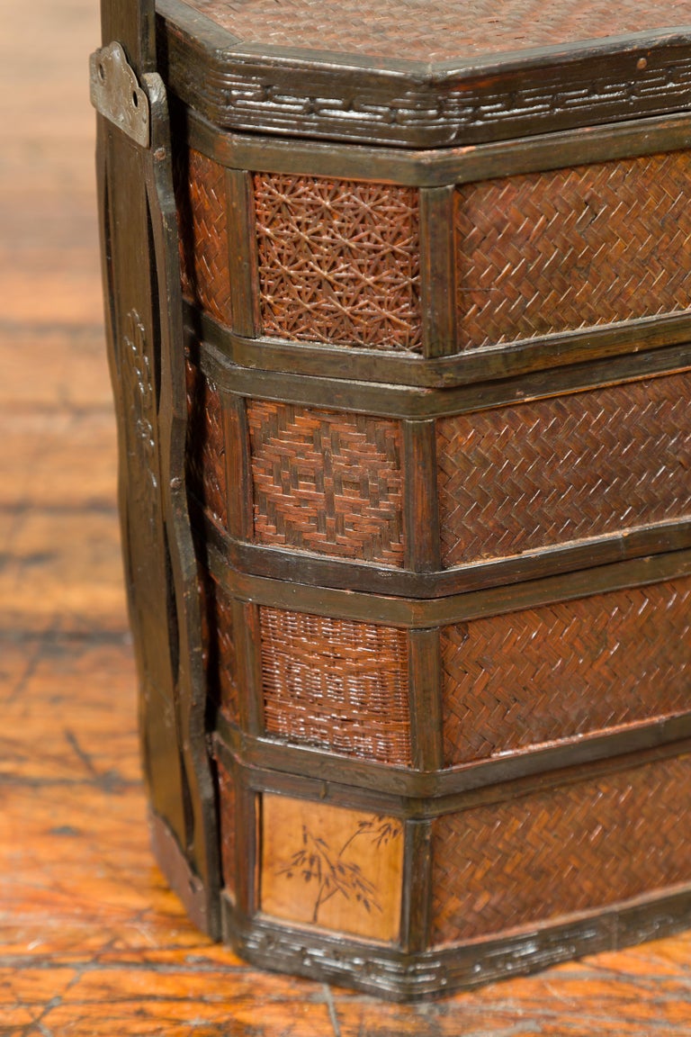 Chinese Antique Stacking Lunch Box with Lacquered Accents and Handle ...